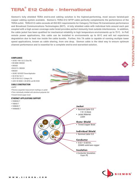 Siemon Tera E12 Cable International Spec Sheet Pdf Telecommunications Manufactured Goods