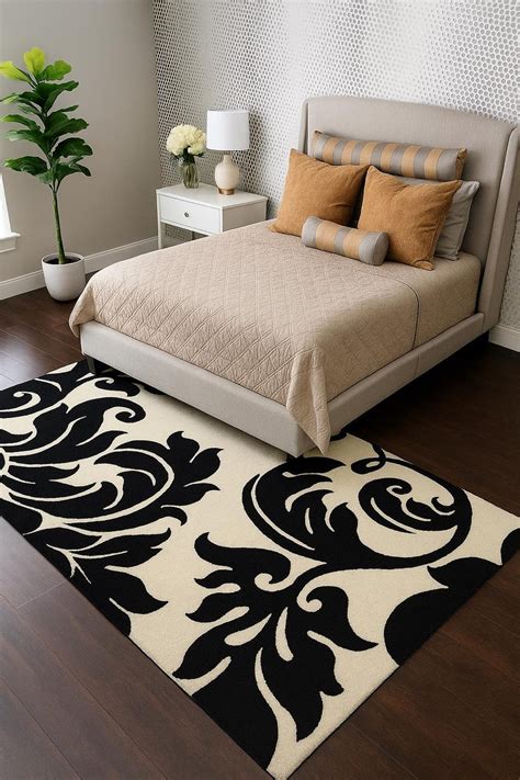 Hand Tufted Black And Cream Floral Rug For Living Room Bedroom Modern