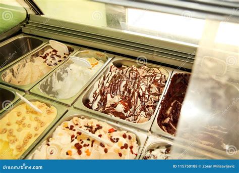 Bar With Many Flavors Of Delicious Ice Cream For Sale In Summer Fridge