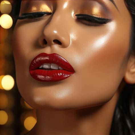 Premium Ai Image Classic Bold Red Lips With Subtle Shimmery Eye Makeup