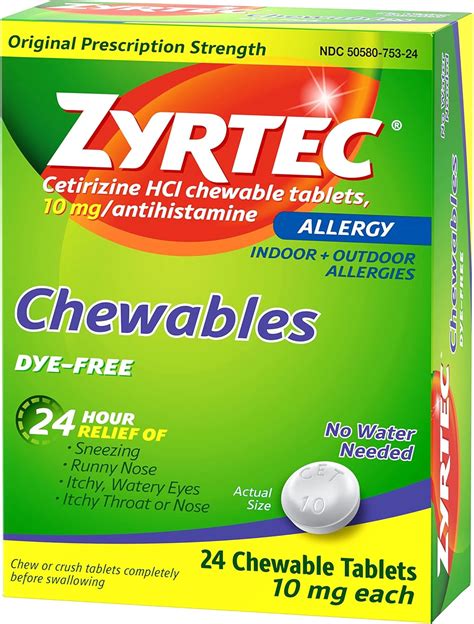 Buy Zyrtec 24 Hour Allergy Relief Chewable Dye Free Tablets With 10 Mg Cetirizine Hcl 24 Ct