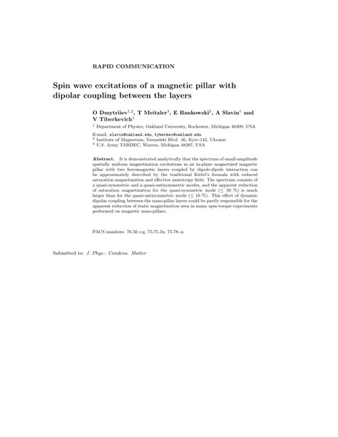 Pdf Spin Wave Excitations Of A Magnetic Pillar With Dipolar Coupling