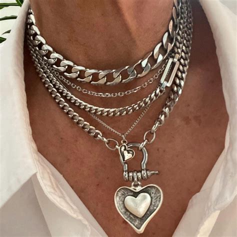 Chunky Multi Layer Silver Necklace For Women In Stainless Steel With Antique Silver Zamak Heart