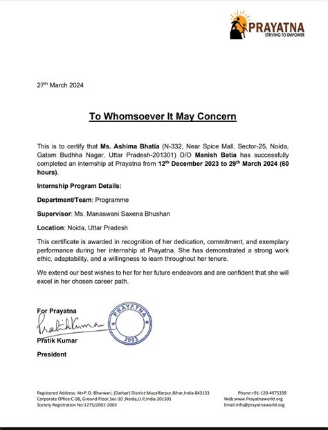 Completed An Internship With Ngo Prayatna Ashima Bhatia