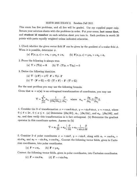 Exam 2 With Solution Vector Analysis Math 3335 Docsity