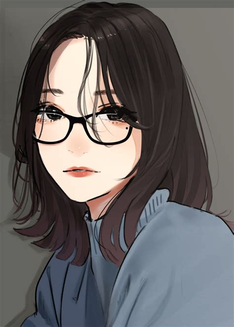 Safebooru 1girl Black Framed Eyewear Blue Shirt Bob Cut Brown Eyes