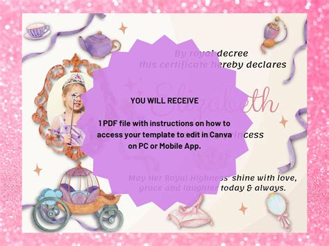 Editable Princess Certificate With Photo Canva Template Royal Princess