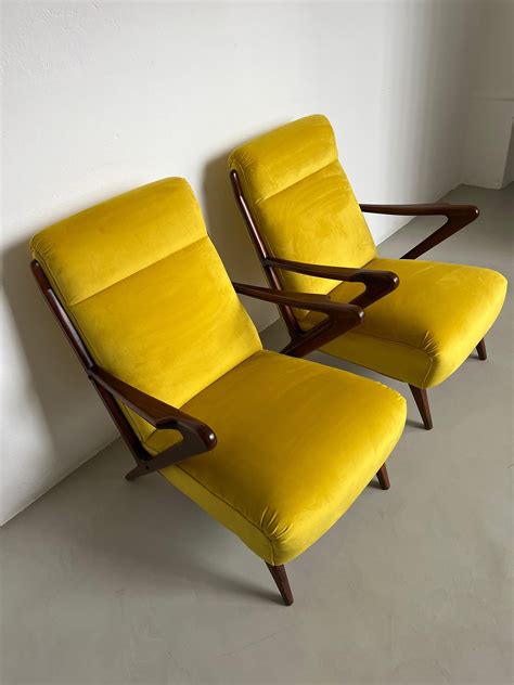 Pair Of Vintage Armchairs In Bright Yellow Velvet 1950s Mid Century