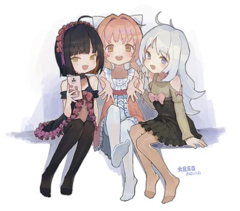 Daquan Wubai Original Highres 3girls Artist Name Bare Shoulders Black Dress Black Hair