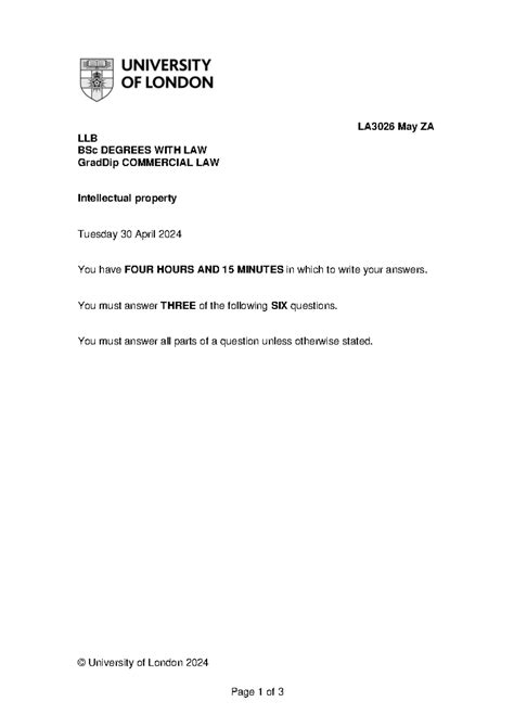 Ip Exam 2024 A Pass Year Question Page 1 Of 3 La 3026 May Za Llb Bsc Degrees With Law