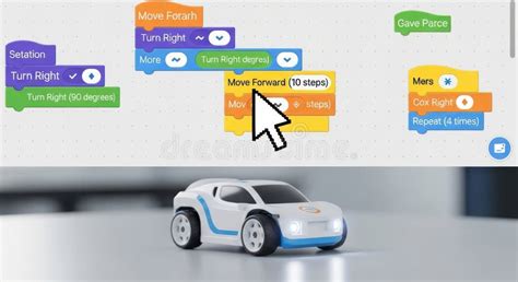 Coding Blocks Control Futuristic Silver Car With Digital Interface For Stem Education Stock