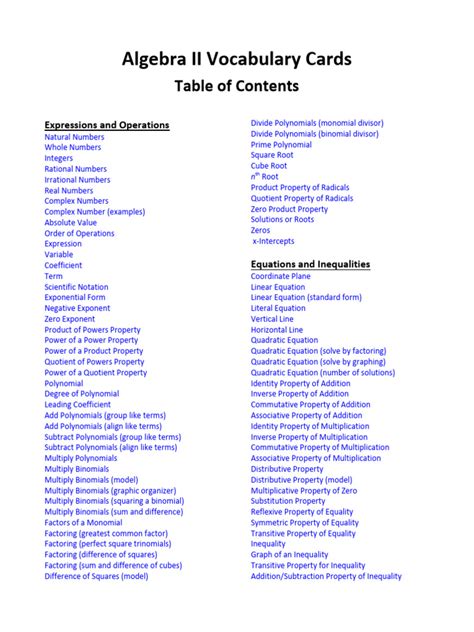 Algebra Vocabulary Cards Pdf Polynomial Exponentiation