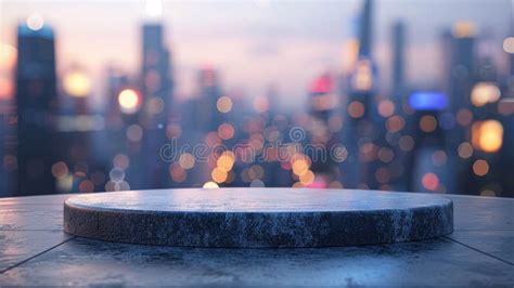 Empty Chic Urban 3d Podium With A Cityscape Background For Showcasing Products Stock
