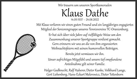 Traueranzeigen Von Klaus Dathe Märkische Onlinezeitung Trauerportal