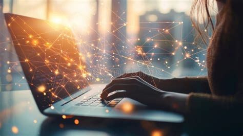 Hands Typing On A Laptop With A Network Of Glowing Digital Connections