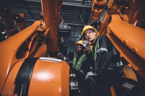 premium photo engineer team service fix robot welding arm working in