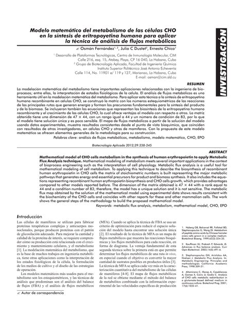 [pdf] Modelo Matemático Del Metabolismo De Las Células Cho En La Síntesis De Eritropoyetina
