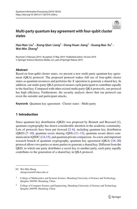 Pdf Multi Party Quantum Key Agreement With Four Qubit Cluster States