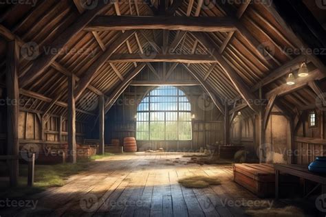 Interior Of Big Old Barn In The Countryside Wood Beams Windows