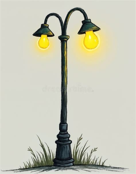 Tall Street Lamp With Two Glowing Yellow Light Bulbs On White Background Hand Drawn Cartoon