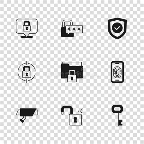 Set Open Padlock Mobile With Fingerprint Scanner Old Key Folder And Shield Check Mark Lock