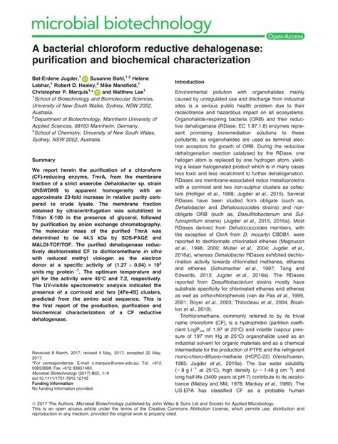 Pdf A Bacterial Chloroform Reductive Dehalogenase Purification And