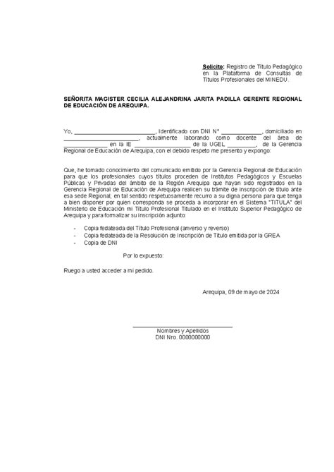 Modelo De Solicitud Inscripción De Título Pedagogico Solicito