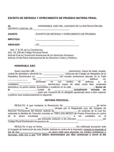 Escrito De Defensa Y Ofrecimiento De Pruebas Materia Penal Pdf
