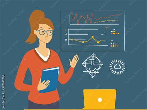 A Vectorial Icon Representing A Young Teacher Giving A Course About Statistics And Creating