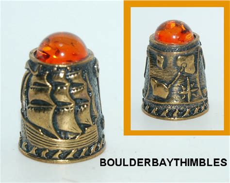 Russian Brass Bronze Thimble 3 Mast Sailing Ship Baltic Amber Cap 09