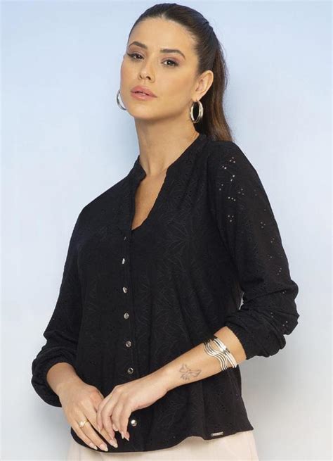 Camisa Feminina Básica De Botão Elegante Preto Cativa