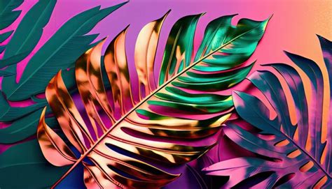 Premium Ai Image Tropical And Palm Leaves In Bright Bold Holographic
