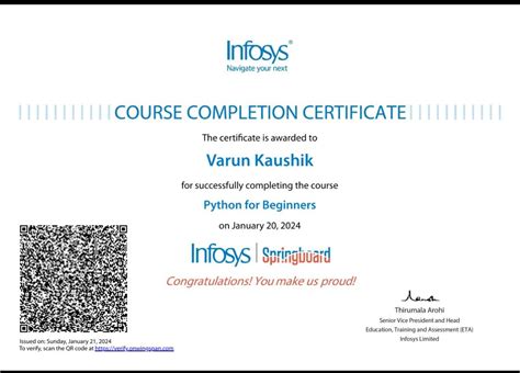 Python For Beginners Certificate From Infosys Springboard A Knowledgeable Experience Infosys