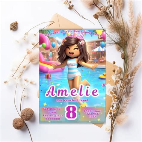 Roblox Pool Party Birthday Invitation Gamer Party Invite Roblox Girl