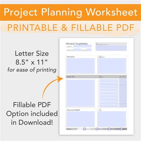 Project Planning Worksheet Digital Pdf Downloadable Printable Fillable Letter Etsy