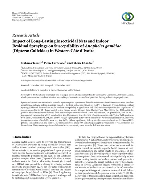 Pdf Impact Of Long Lasting Insecticidal Nets And Indoor Residual Sprayings On Susceptibility