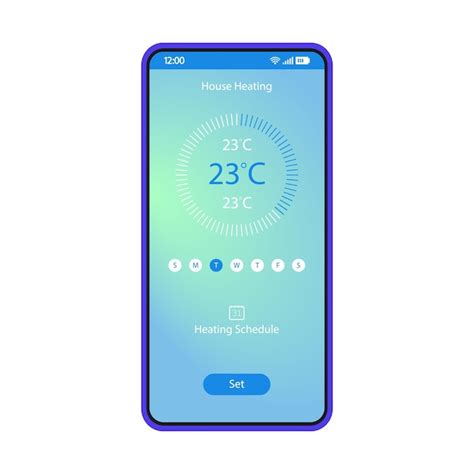 가정 난방 제어 앱 스마트폰 인터페이스 벡터 템플릿입니다 모바일 페이지 블루 디자인 레이아웃입니다 원격 히트 컨트롤러 적용 화면입니다 플랫 Ui 지능형 주택 자동화