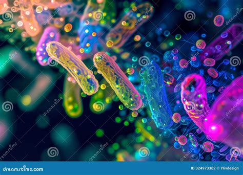 Colorful Digital Illustration Of Microscopic Organisms In A Dynamic Environment Stock