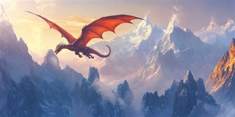 A Majestic Red Dragon Soars Over A Stunning Mountain Landscape At Dawn
