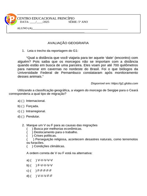 Avaliação De Geografia 5º Ano Migrações Pdf Migração Humana