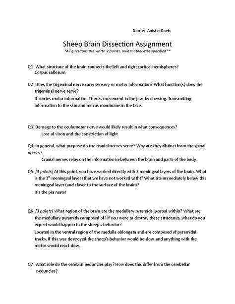 Sheep Brain Dissection Assignment Name Anisha Davis Sheep Brain Dissection Assignment All