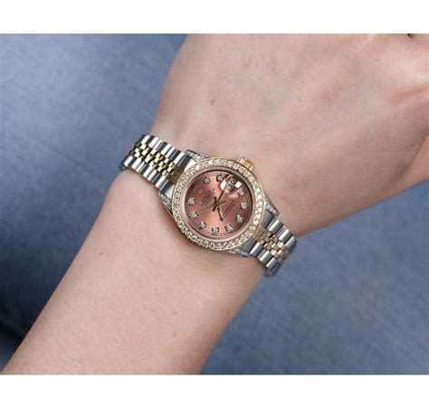 Rolex Ladies Datejust Two Tone Diamond Bezel And Lugs Salmon Dial Watch