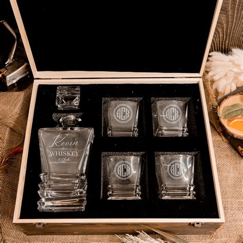 Custom Engraved Whiskey Decanter Set 4 Scotch Glasses And Wooden Box