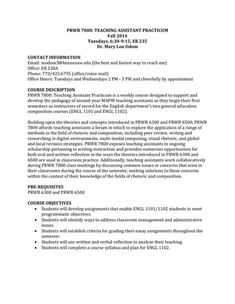 Prwr 7800 Teaching Assistant Practicum Fall 2014 Tuesdays 630 915