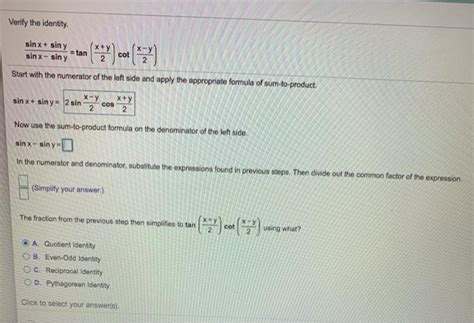 Solved Verify The Identity Sin X Siny X Y Tan Cot