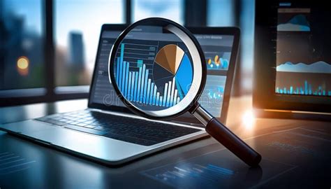 A Laptop Displays Charts Graphs And A Magnifying Glass For Analyzing A