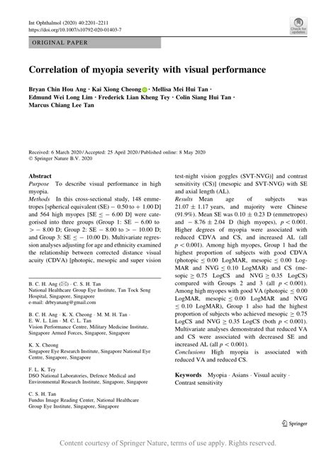 Correlation Of Myopia Severity With Visual Performance Request Pdf