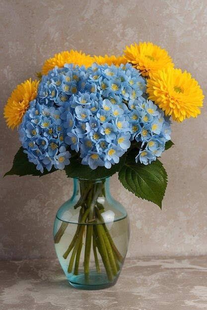 Premium Photo Bouquet From Blue Hydrangeas And Yellow Asters A Flower Background