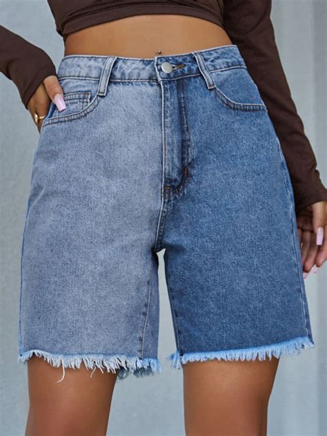 Shein Two Tone Raw Hem Denim Shorts Without Belt Denim Denim Shorts