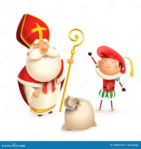 Sinterklaas Of Sinterklaas En Helper Zwarte Piet Met Tzak Op Witte